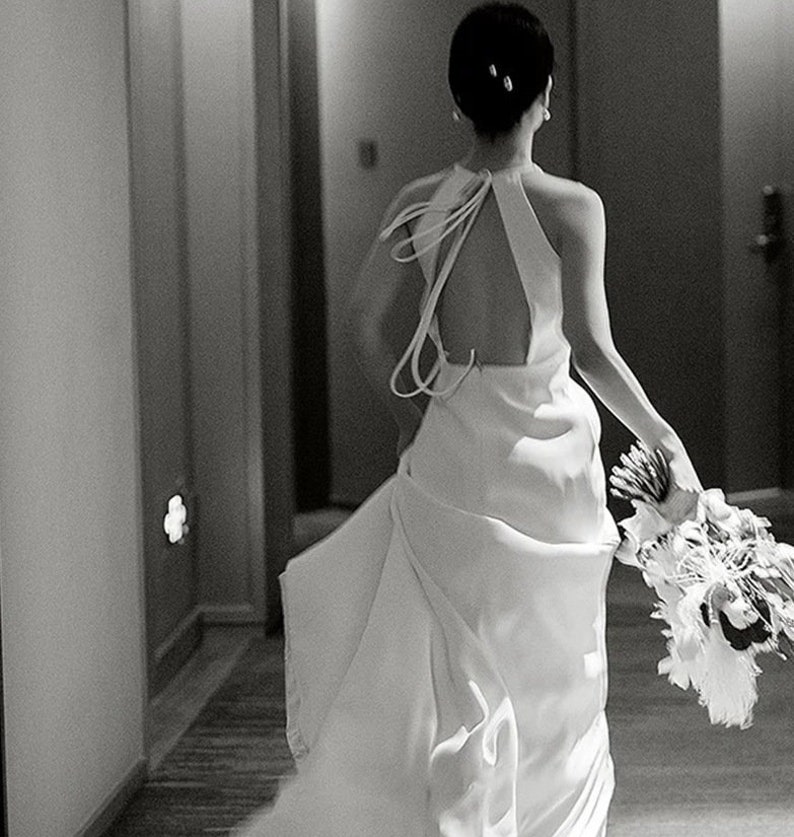 Halter Neck Light Wedding Dress, Simple Petite Backless Engagement Gown ...