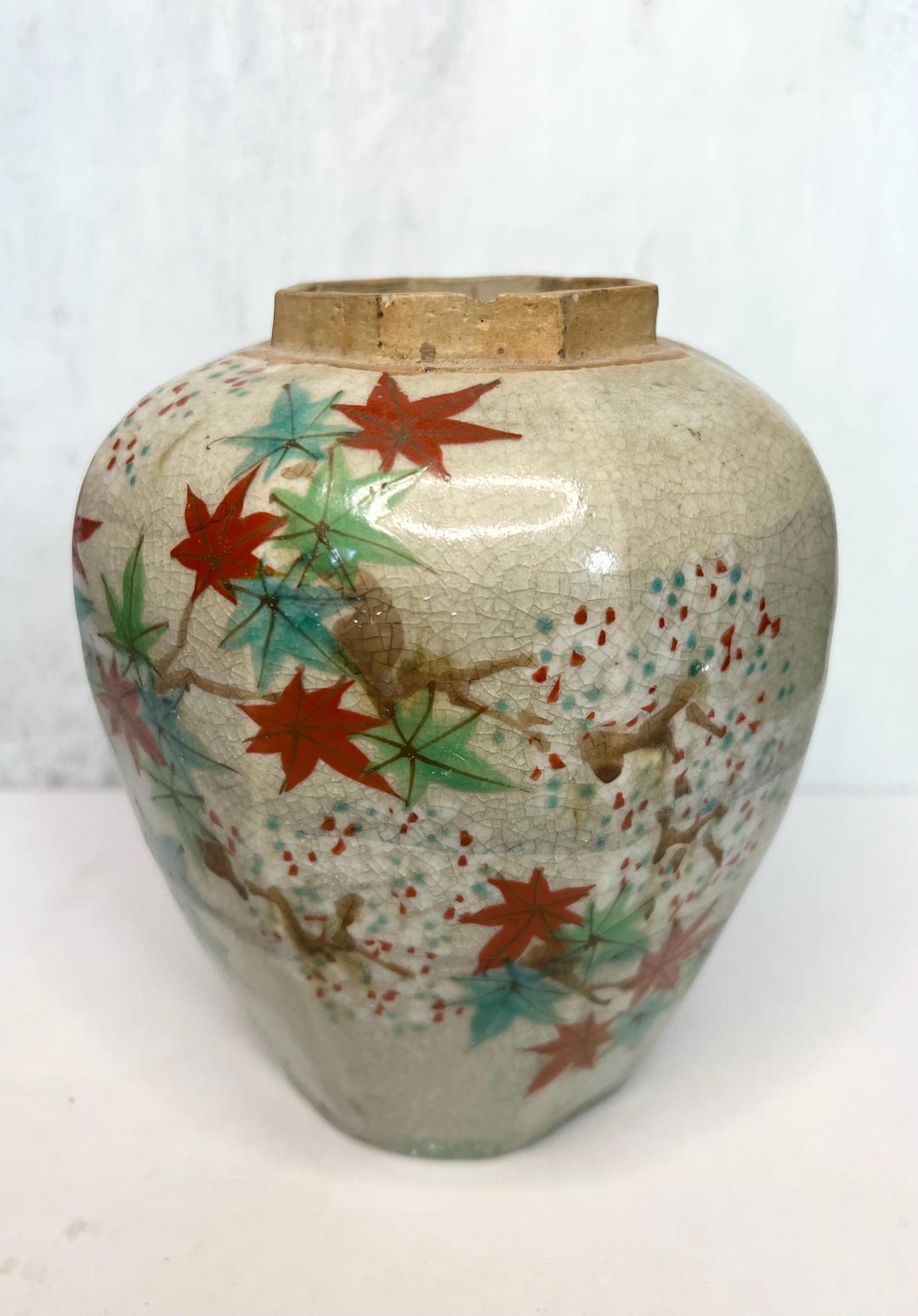 Vintage Japanese Earthenware Pottery Vase - Hand-painted Trees and ...