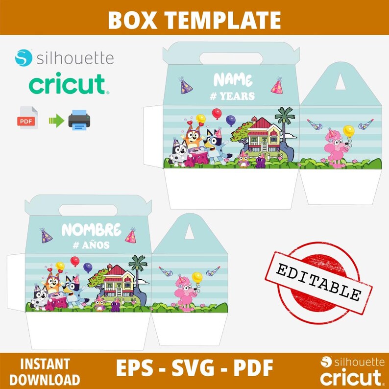 Bluey and Bingo, Printable Boxes EPS, SVG, PDF, Box Template Bundle ...