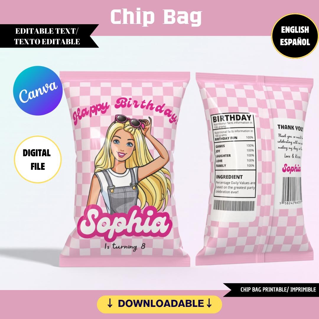 Barbie Chip Bag, Custom Chip Bags, Editable Template, Potato Chip ...
