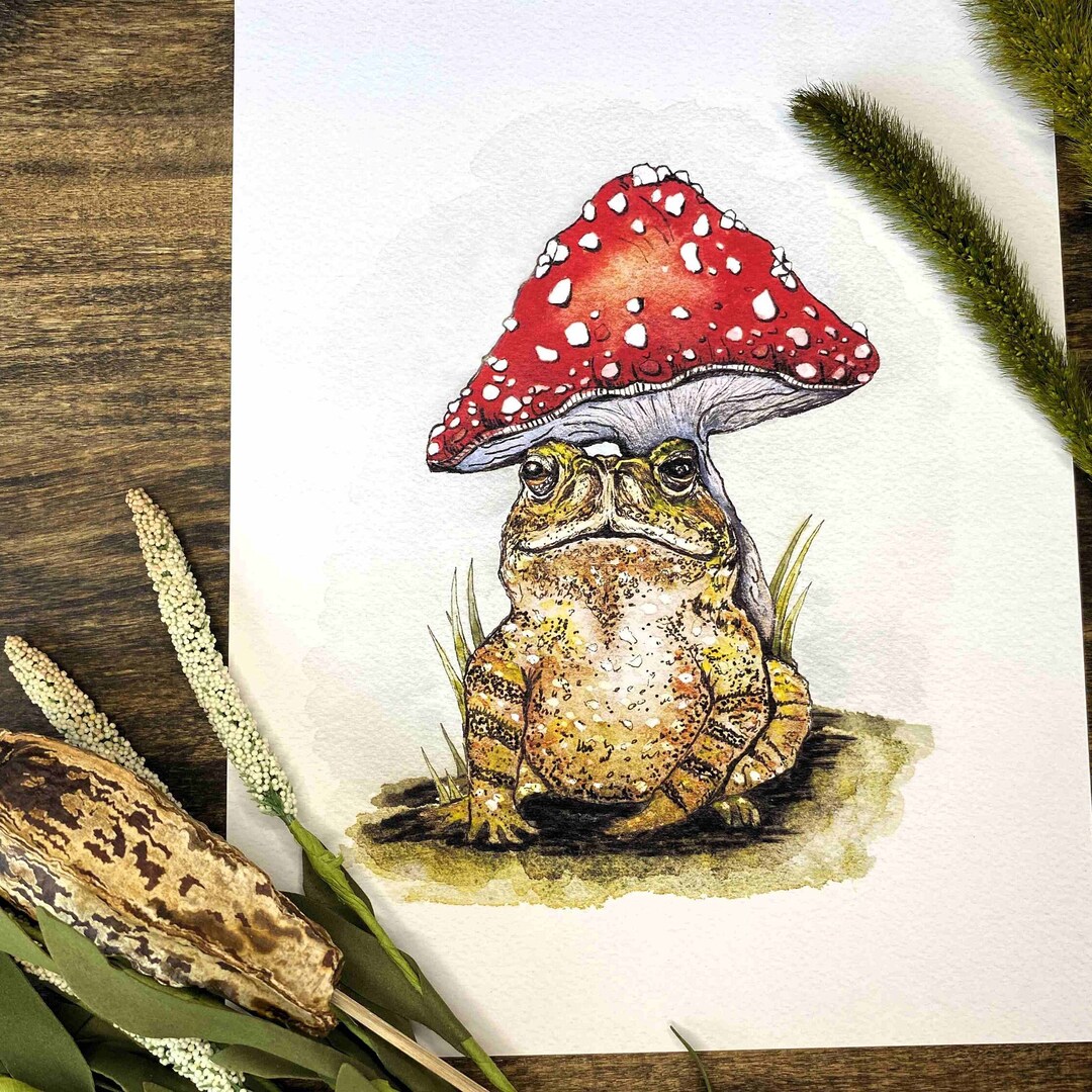 Toad Art, Watercolor Print, Toad Print, Frog and Mushroom Art, Mushroom ...