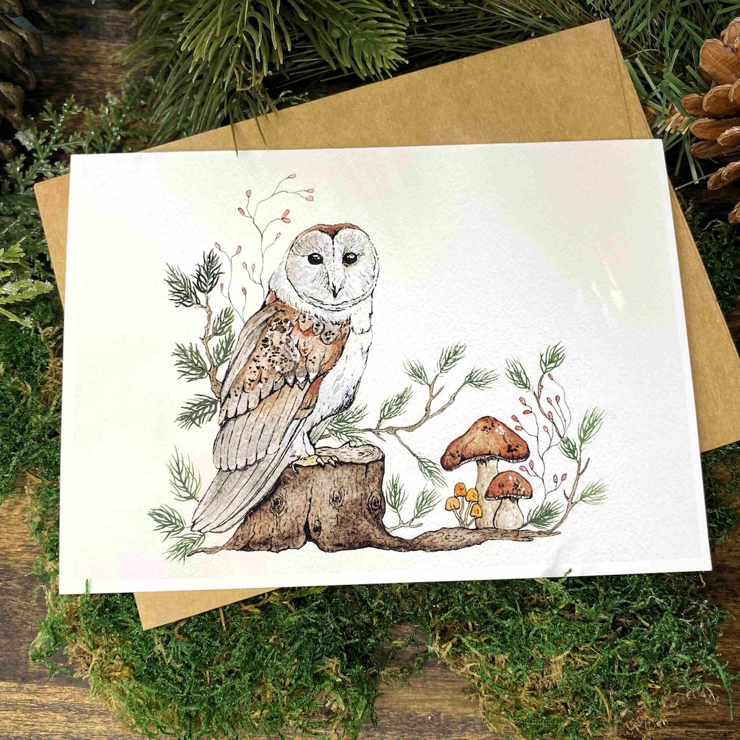 Handmade Watercolor Barn Owl Greeting Card With Kraft Envelope - Etsy