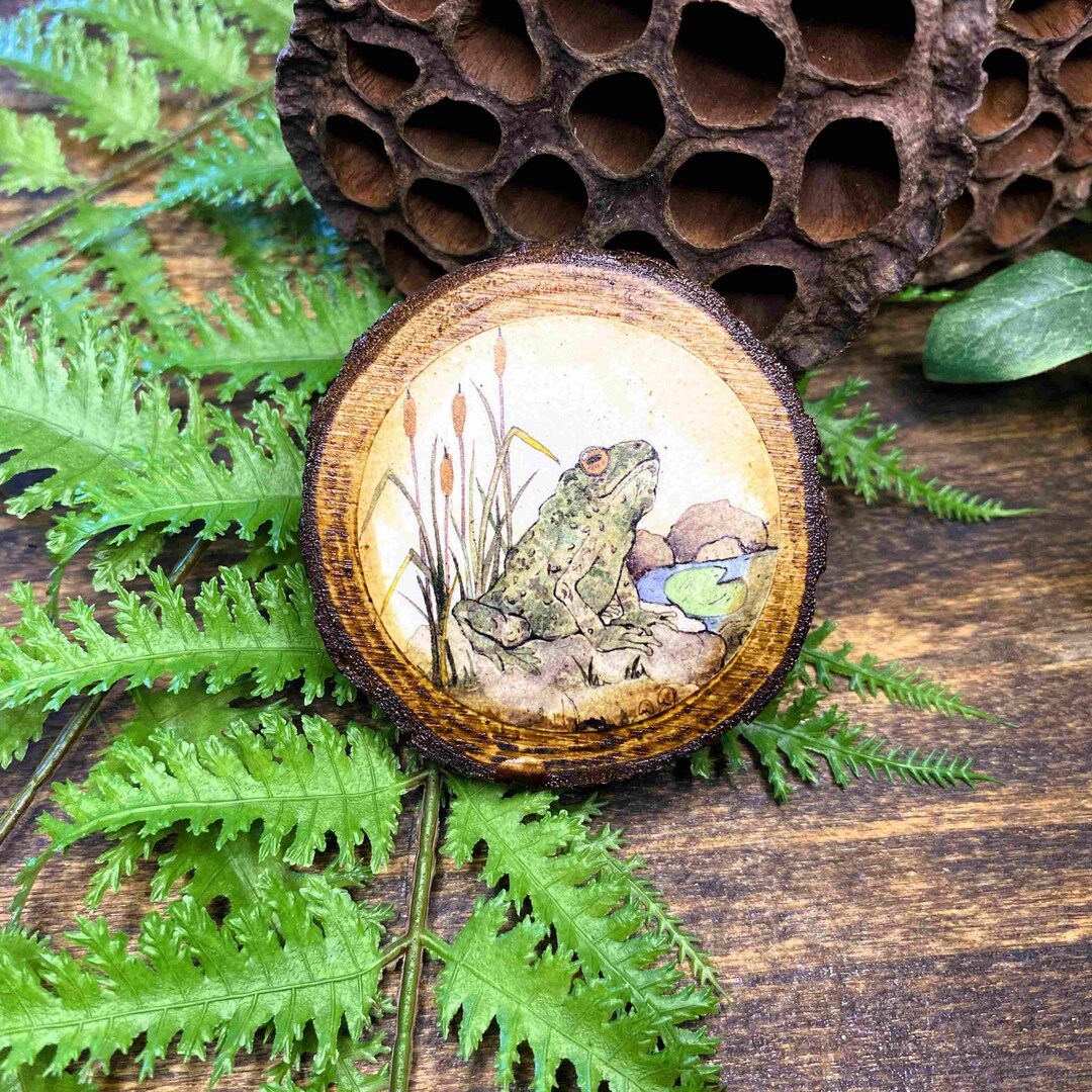 Frogs at the Pond Fridge Magnet on Wood Slice - Handcrafted Woodland ...