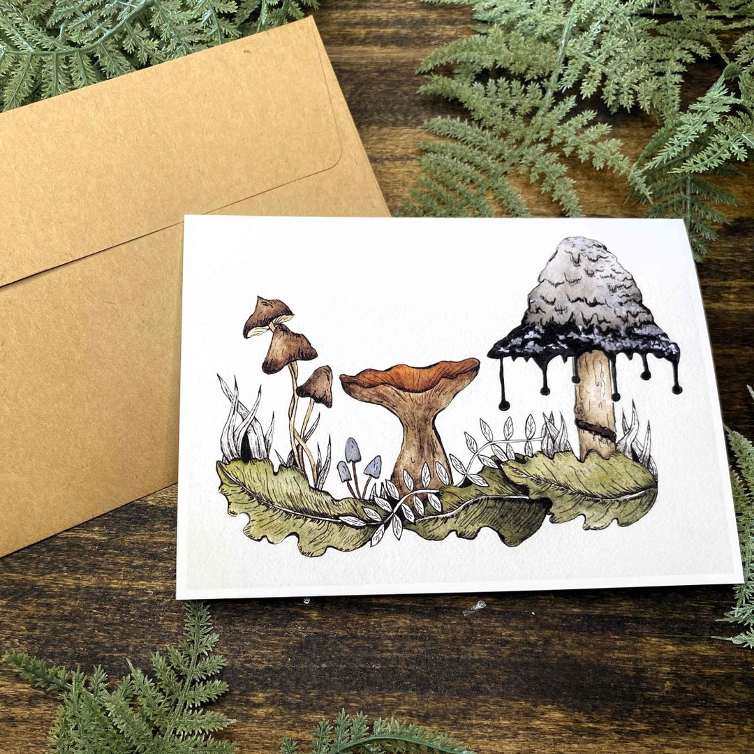 Nature Inspired Mushrooms Watercolor Art Card - Blank Greeting Card ...