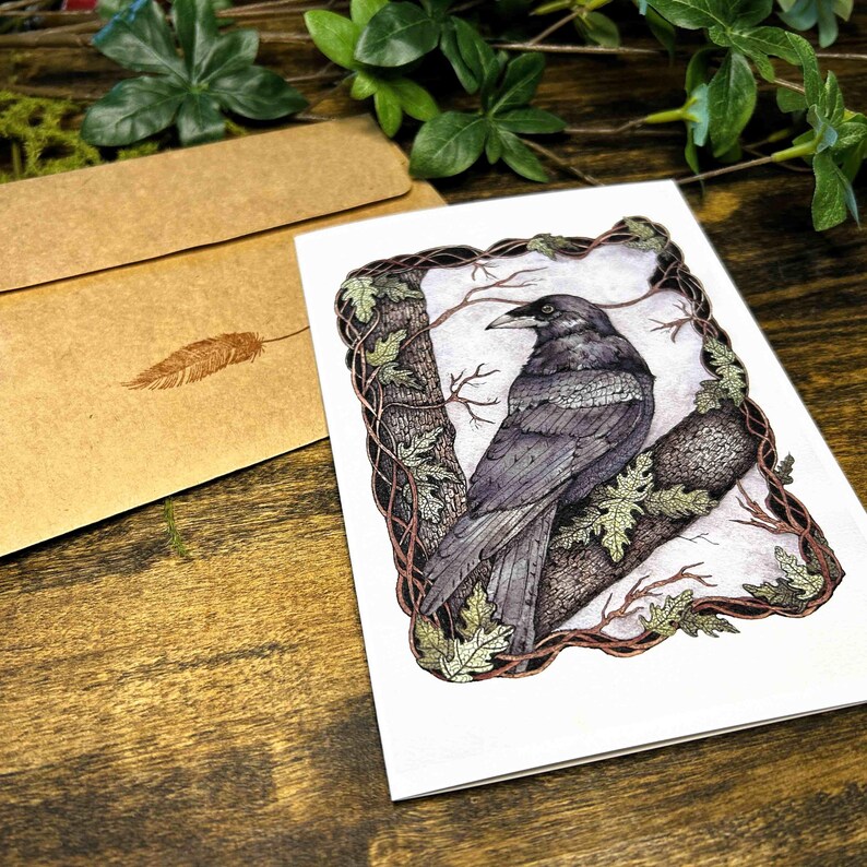 Raven Watercolor Art Card: Handmade Crow Greeting Card With Kraft ...