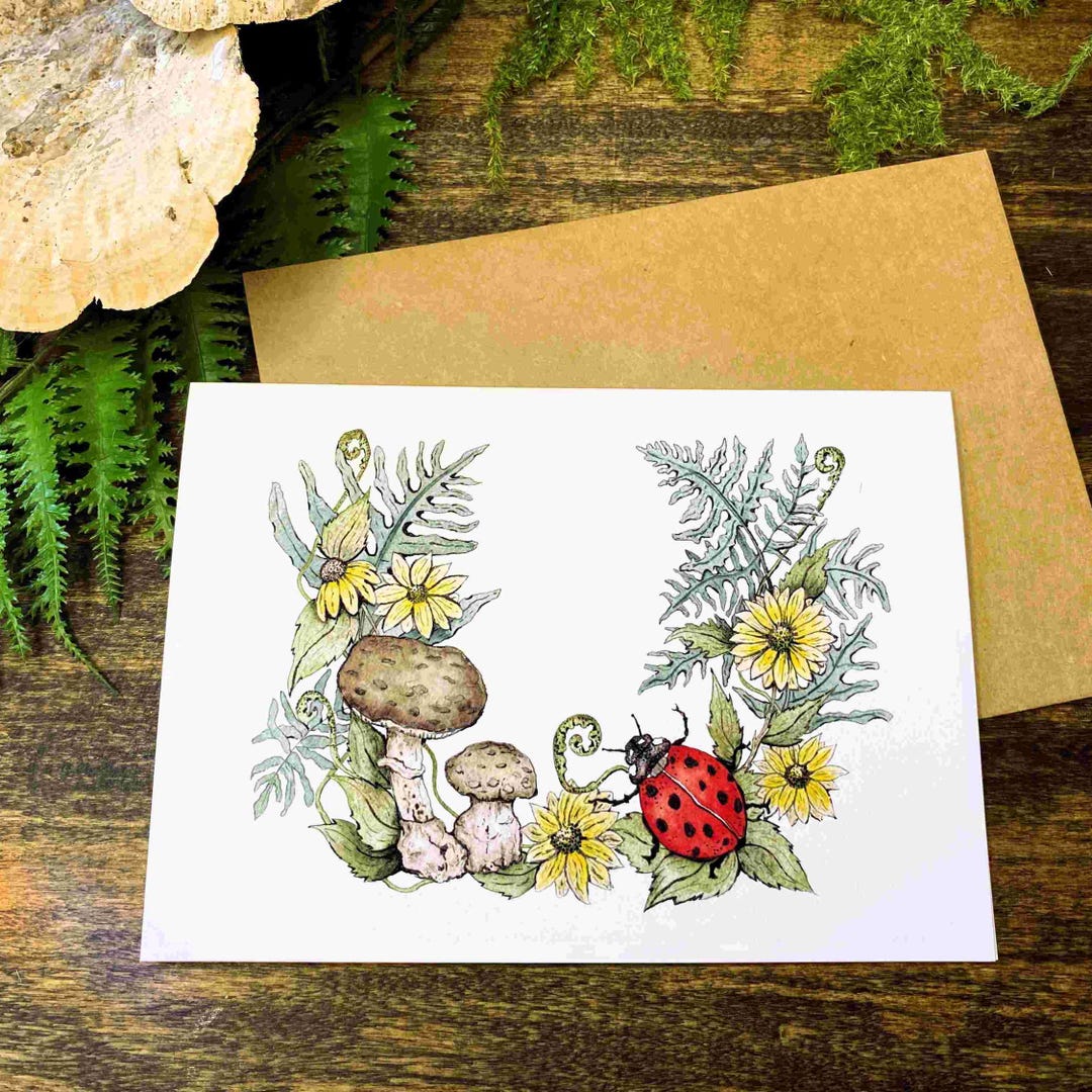 Handmade Watercolor Ladybug and Daisy Greeting Card With Kraft Envelope ...