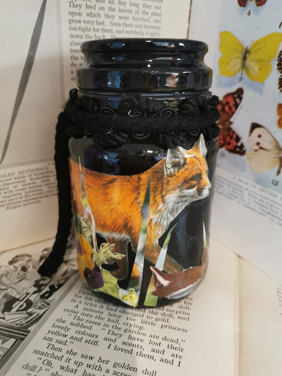Decoupage Collage Jar With Lid. Black Acrylic With Fox, Bird and Floral ...