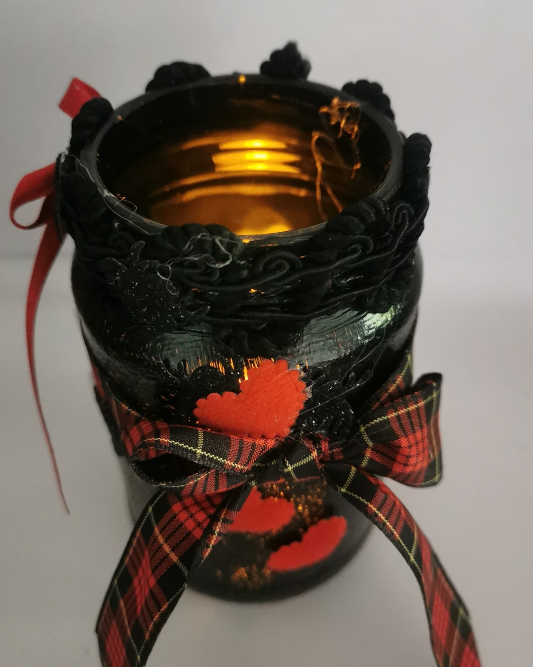 Black Goth Jar With Red Hearts and Tartan Decor on Up-cycled Glass Jar ...