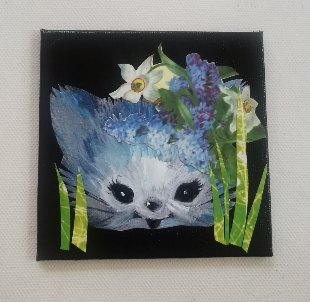 Kitsch Kitten Collage Art: Mixed Media Acrylic Painting on Canvas (4x4 ...