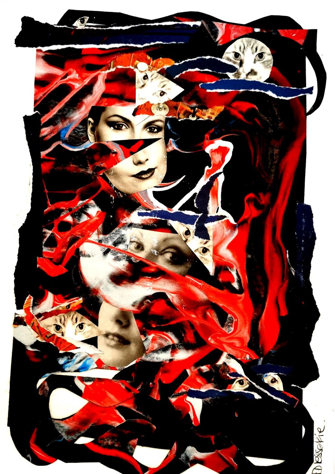 Original 'cats Eyes' Collage Art: Red & Black Acrylic and Paper - Etsy