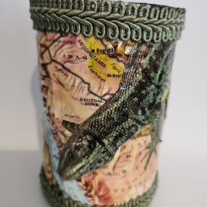 Lizards on Recycled Paper Decorate This Up-cycled Tin Can. Unique ...