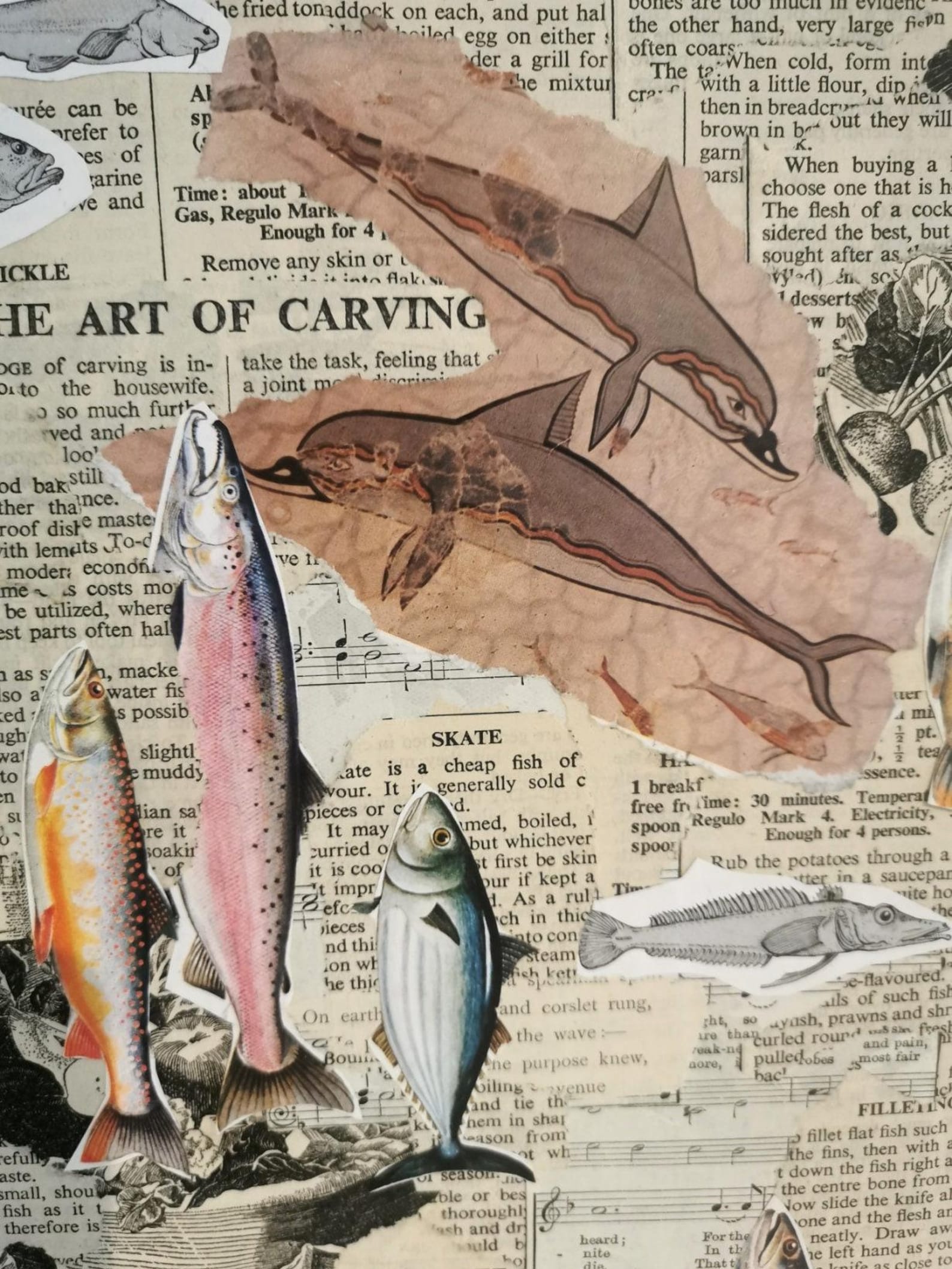 Vintage Fish Collage Art: Mixed Media on Wood (20.5x30cm) - Etsy