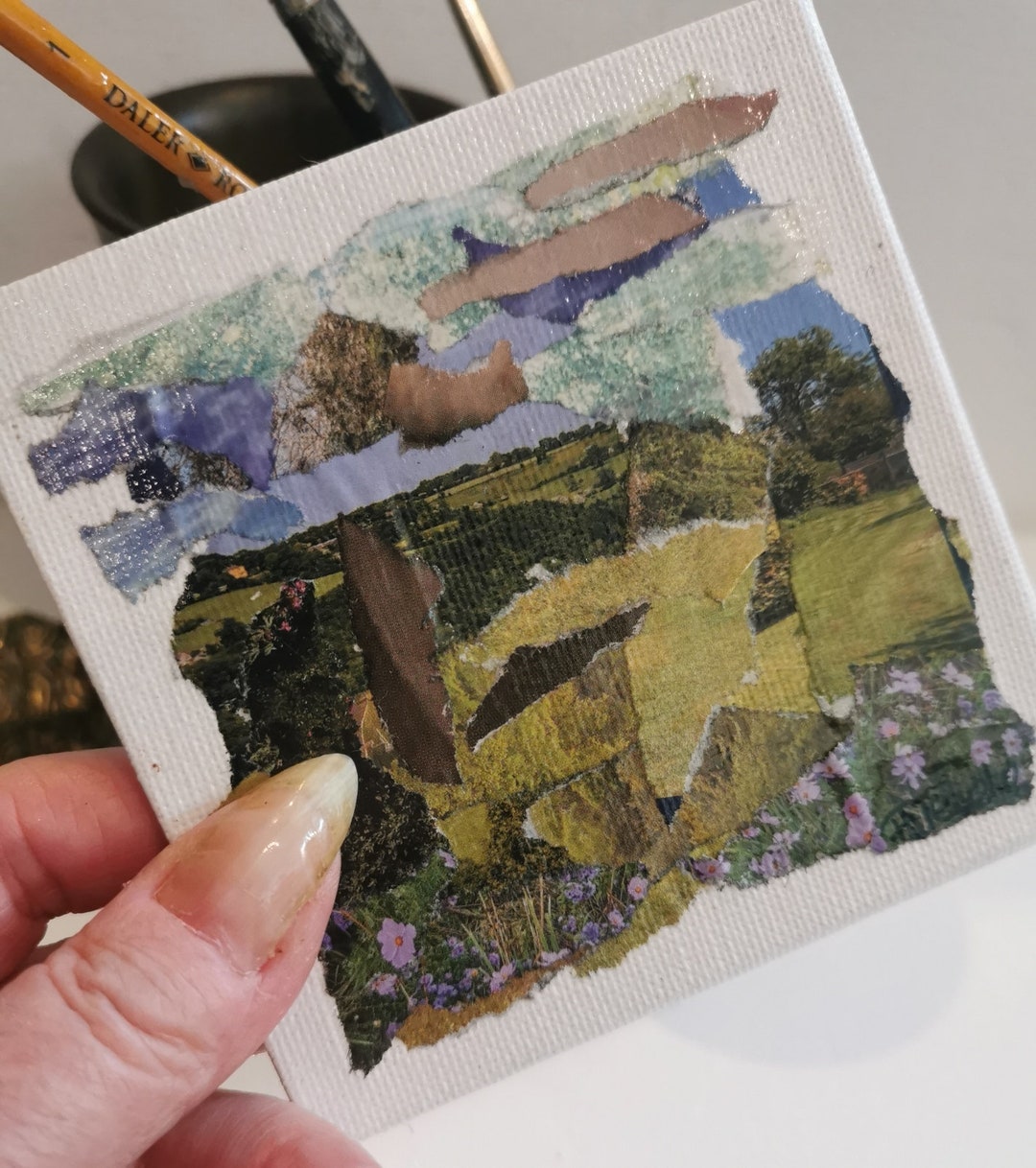 Small Collage Art on Canvas Board. 'cheshire Landscape' British Artist ...