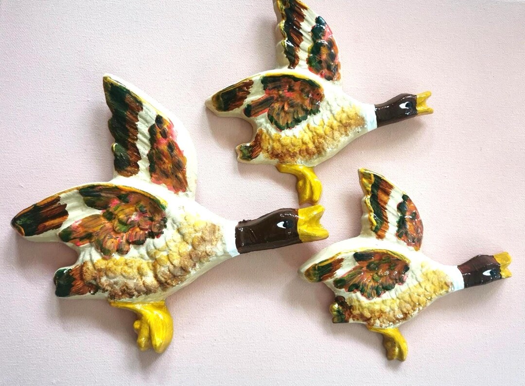 Hand-painted Flying Ducks Wall Decor: Retro Kitsch Chalkware Plaques ...