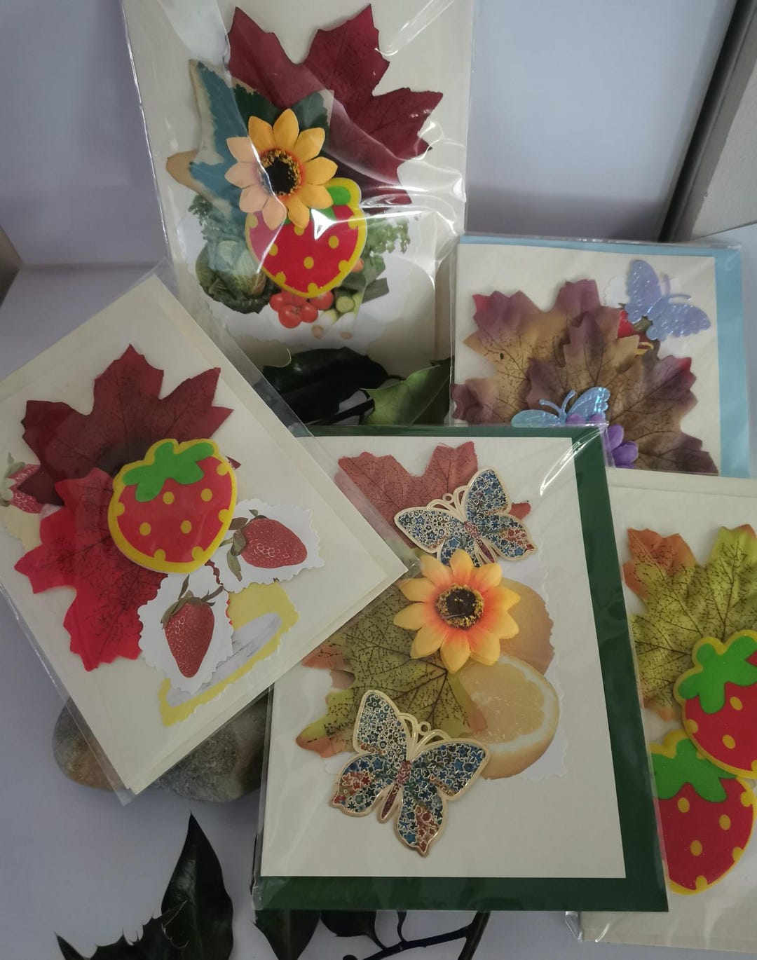 Unique Greeting Card, 3D Collage Art With Leaf, Flower, Butterfly on ...