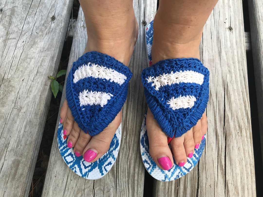 Crocheted Cotton Flip Flops: Blue Bohemian Sandals, Women's Size 7/8 - Etsy