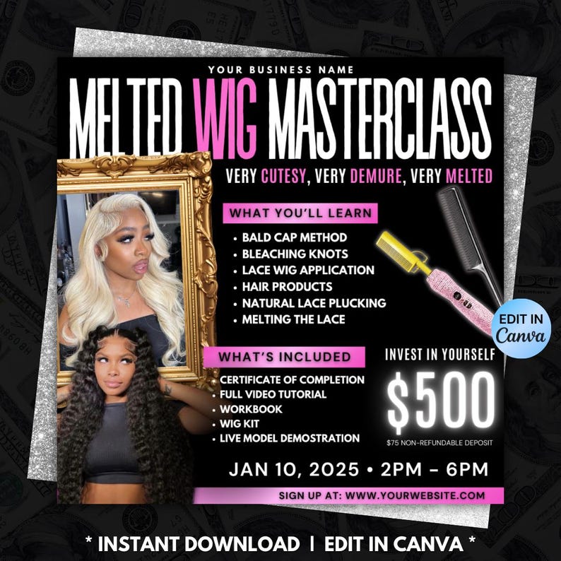 Hair Masterclass Flyer: Wig Install Course, Lace Front (editable ...