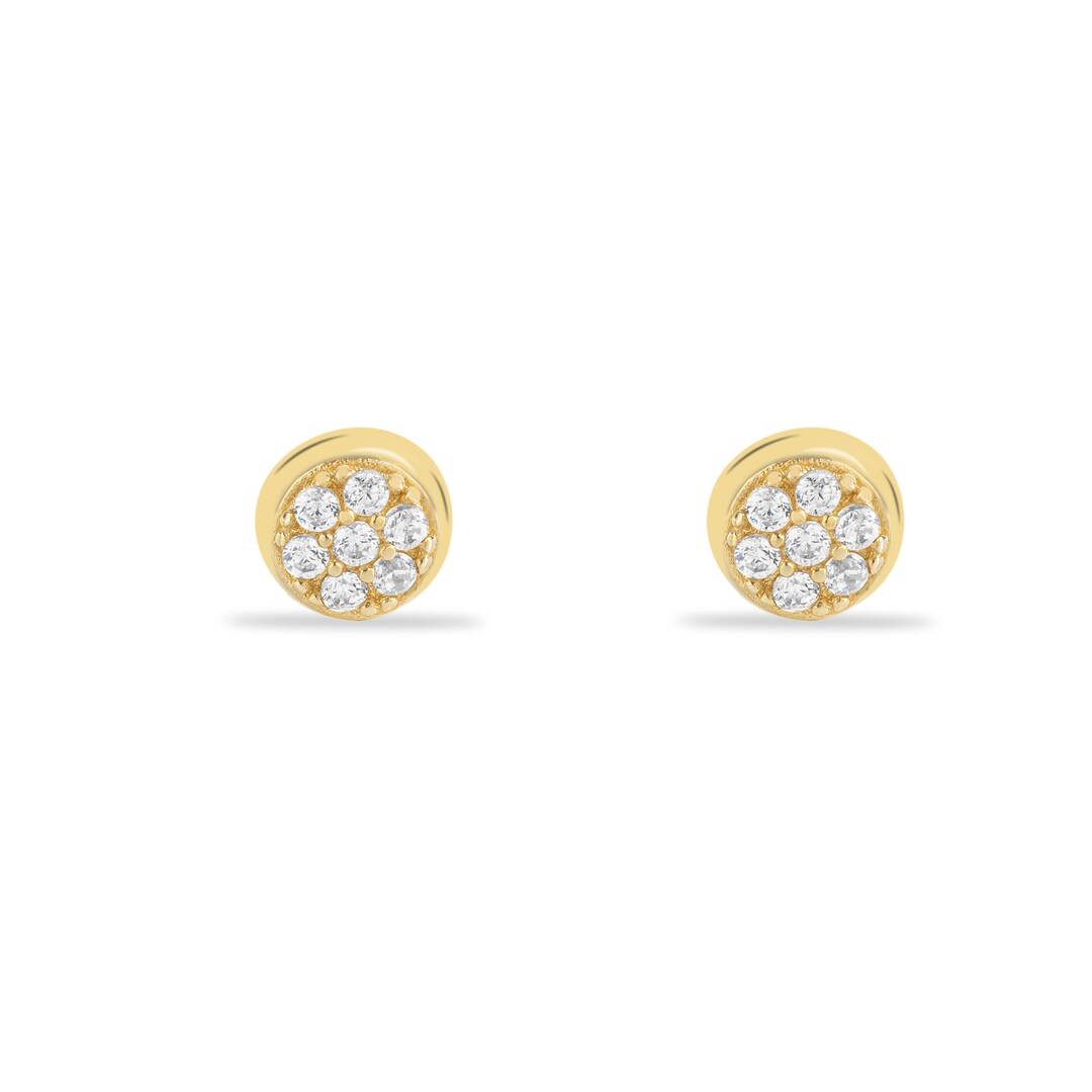 14K Solid Gold Push Back Pave Round Design CZ Diamond Earrings Elegant ...