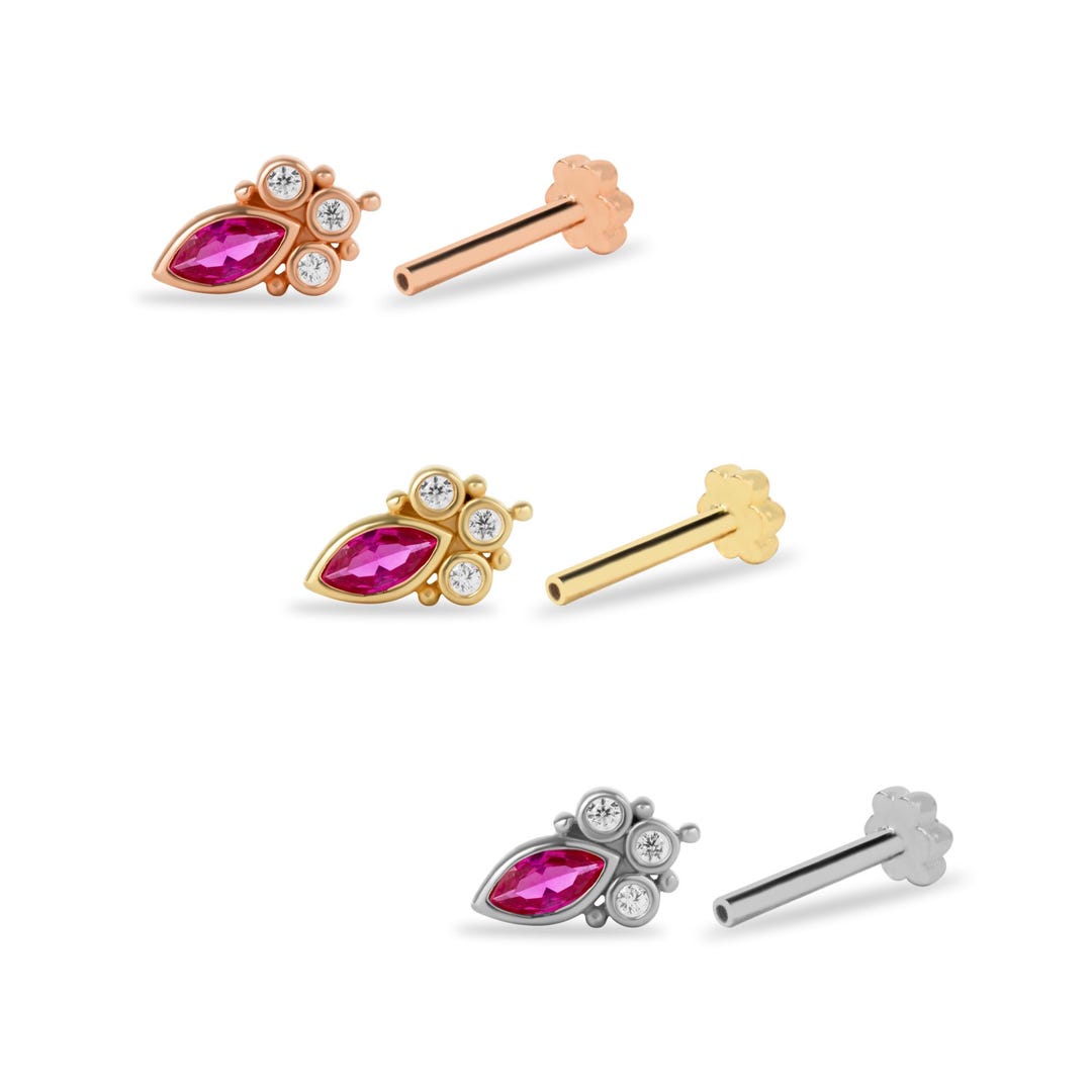 Luxurious 14K Gold Ruby CZ Marquise Earring Screw Back Piercing for ...