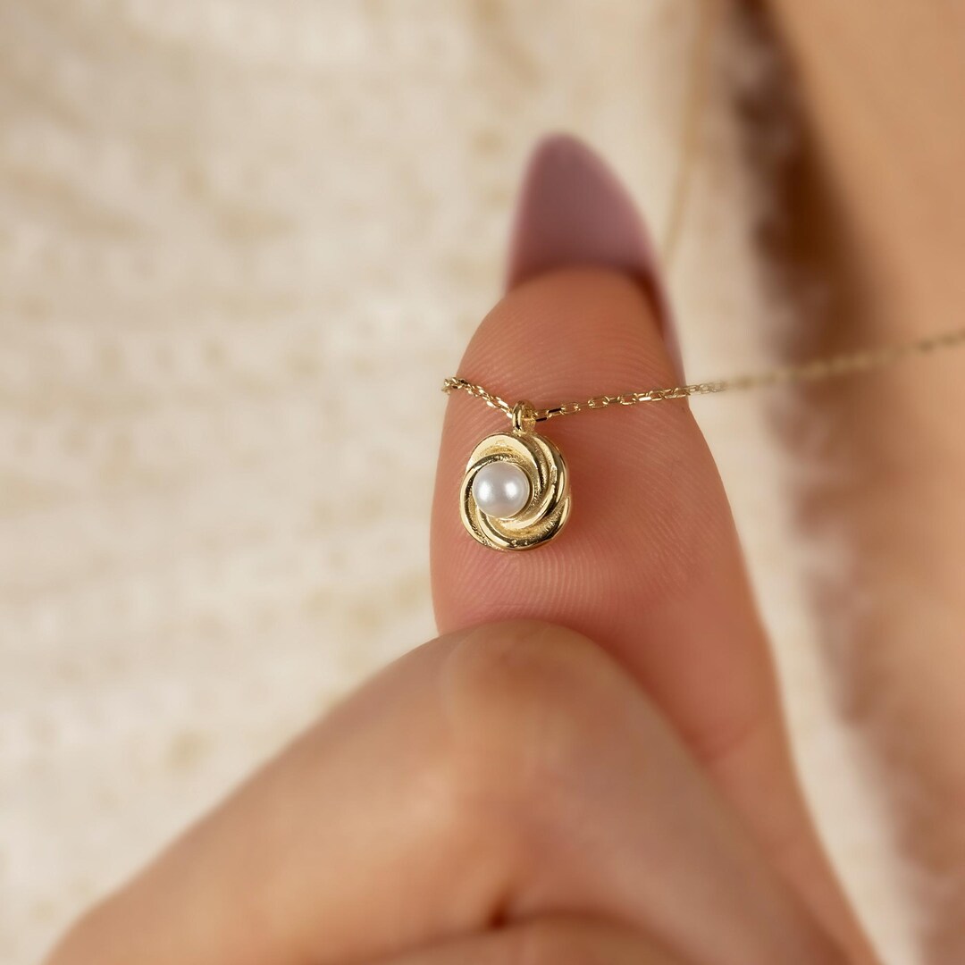 14K Solid Gold Pearl Sliding Pendant Necklace/ Real Pearl Jewelry ...