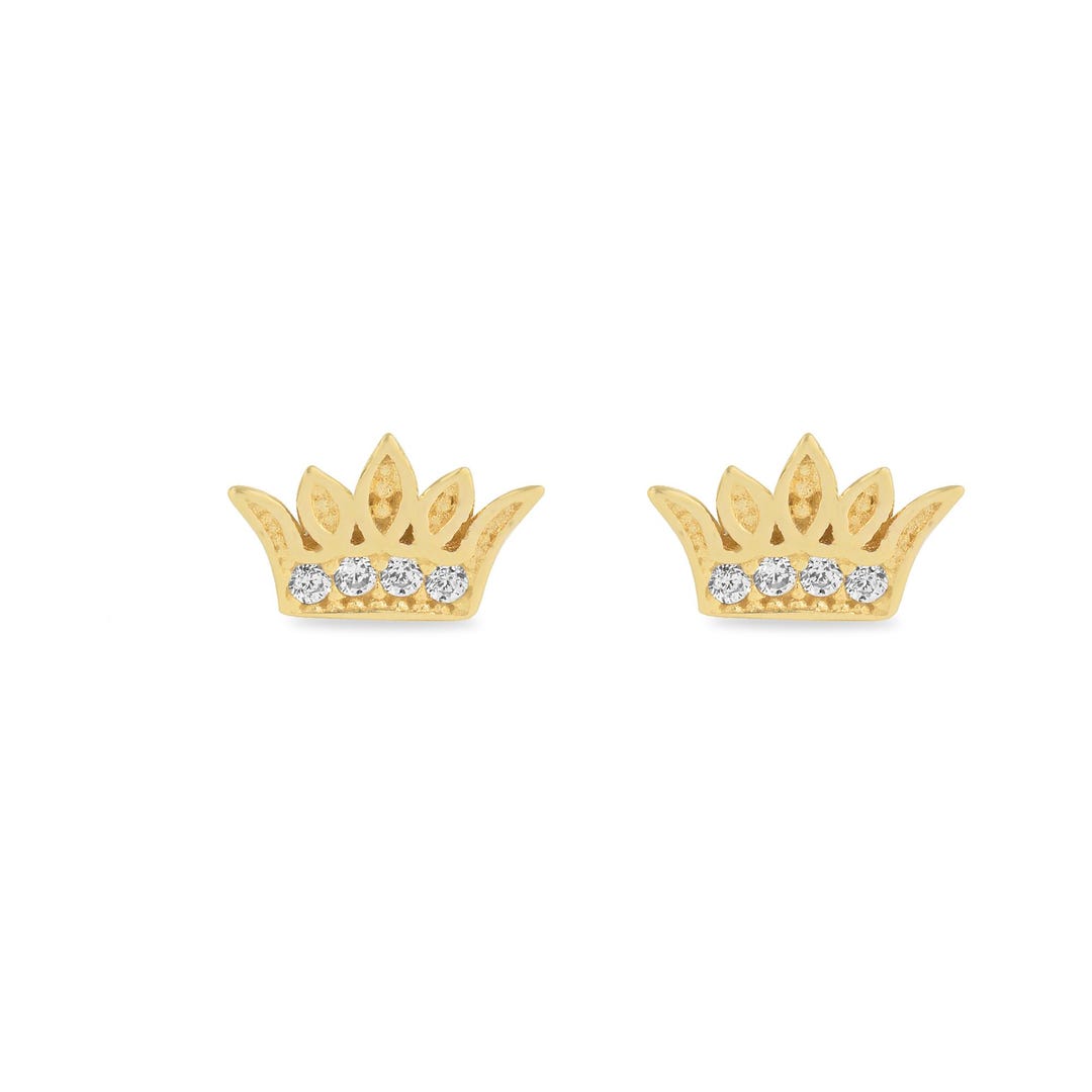 14K Solid Gold Diamond Crown Design Earrings/ Push Back Elegant ...