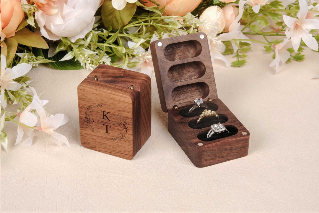 Triple Flip Wooden Ring Box, Custom Ring Box, Walnut Ring Box, Triple ...