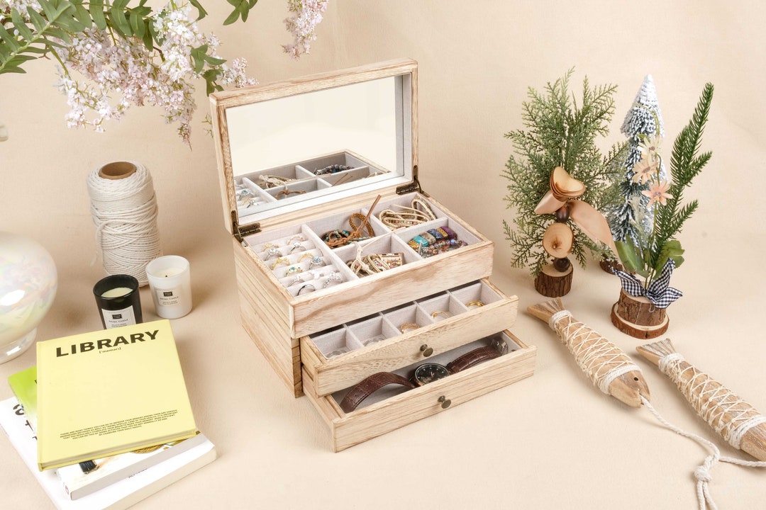 Custom Engraved Wooden Jewelry Box With Drawers Three Drawer Jewelry ...