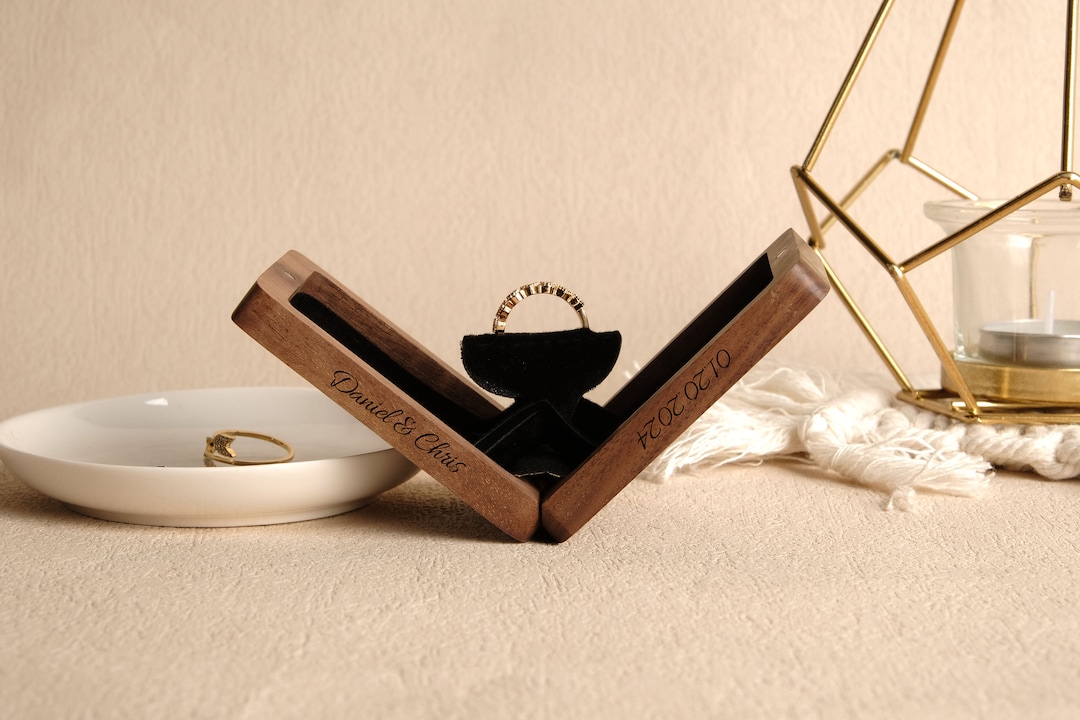 Rotating Engagement Ring Box, Custom Long Ring Box, Walnut Ring Box, Slim Ring Box, Wedding Gift ...
