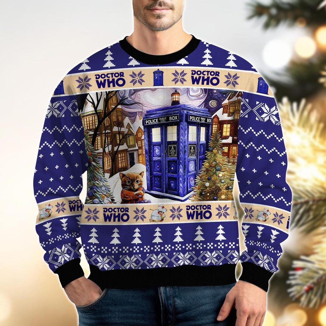 Doctor Who Ugly Christmas Sweater, Tardis Police Box Xmas Sweater ...
