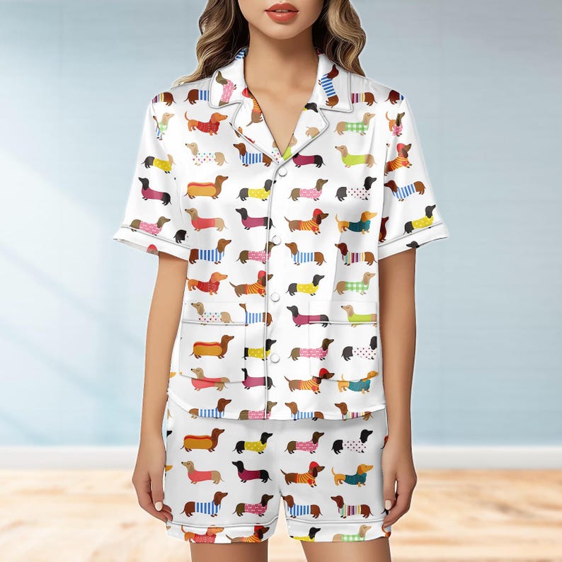 Dachshund Dog Satin Pajamas Set, Sausage Dog Women Pajamas, Wiener Dog ...