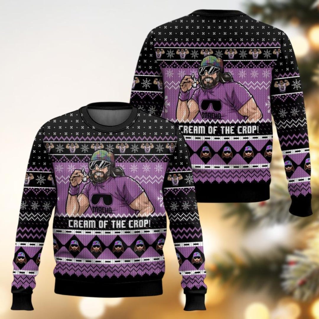 The Cream of the Crop Ugly Christmas Sweater, Macho Man Randy Savage Sweater, Funny WWF Holiday ...