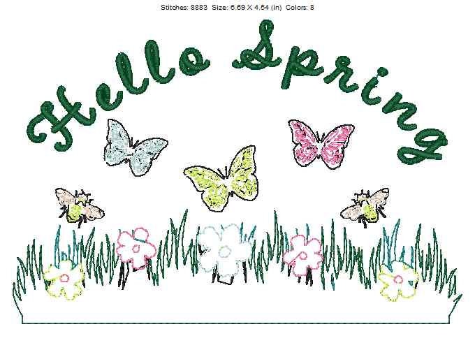 Hello Spring Sketch Embroidery Design in Two Sizes Instant - Etsy