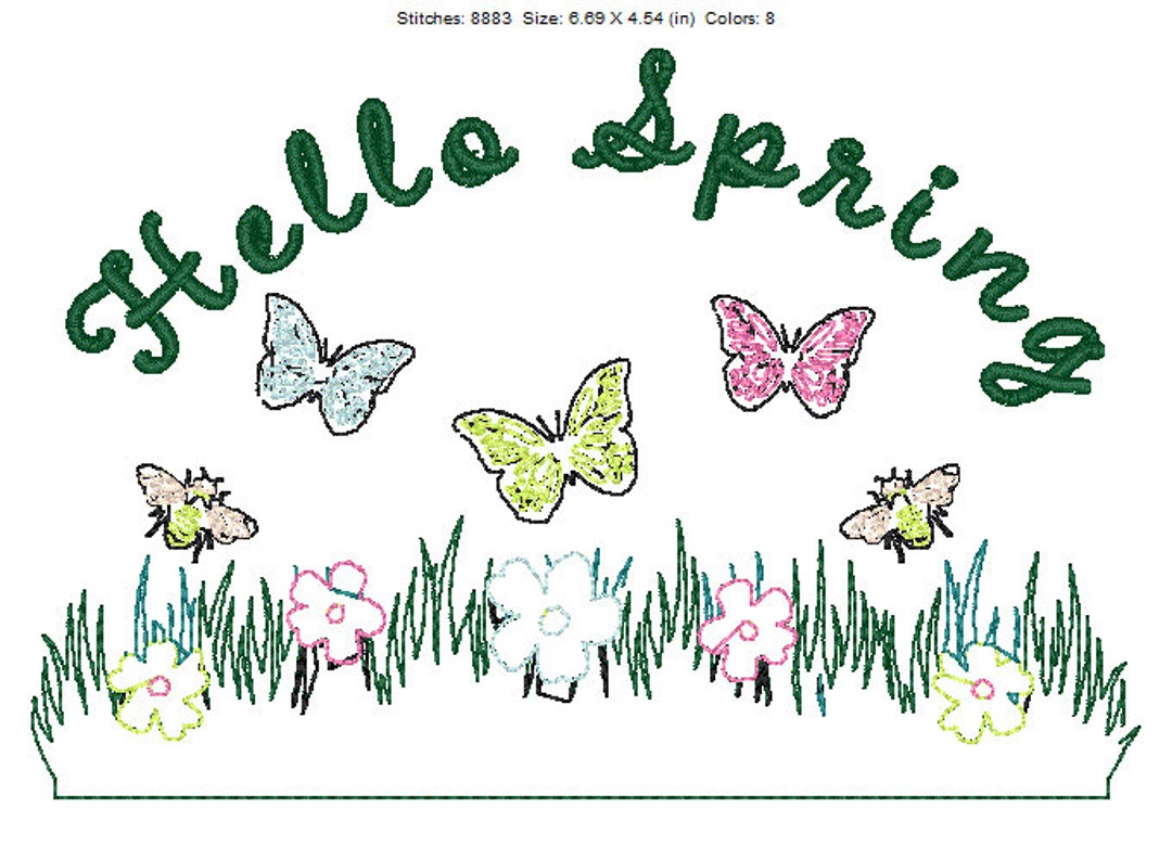 Hello Spring Sketch Embroidery Design in Two Sizes - Instant Download ...