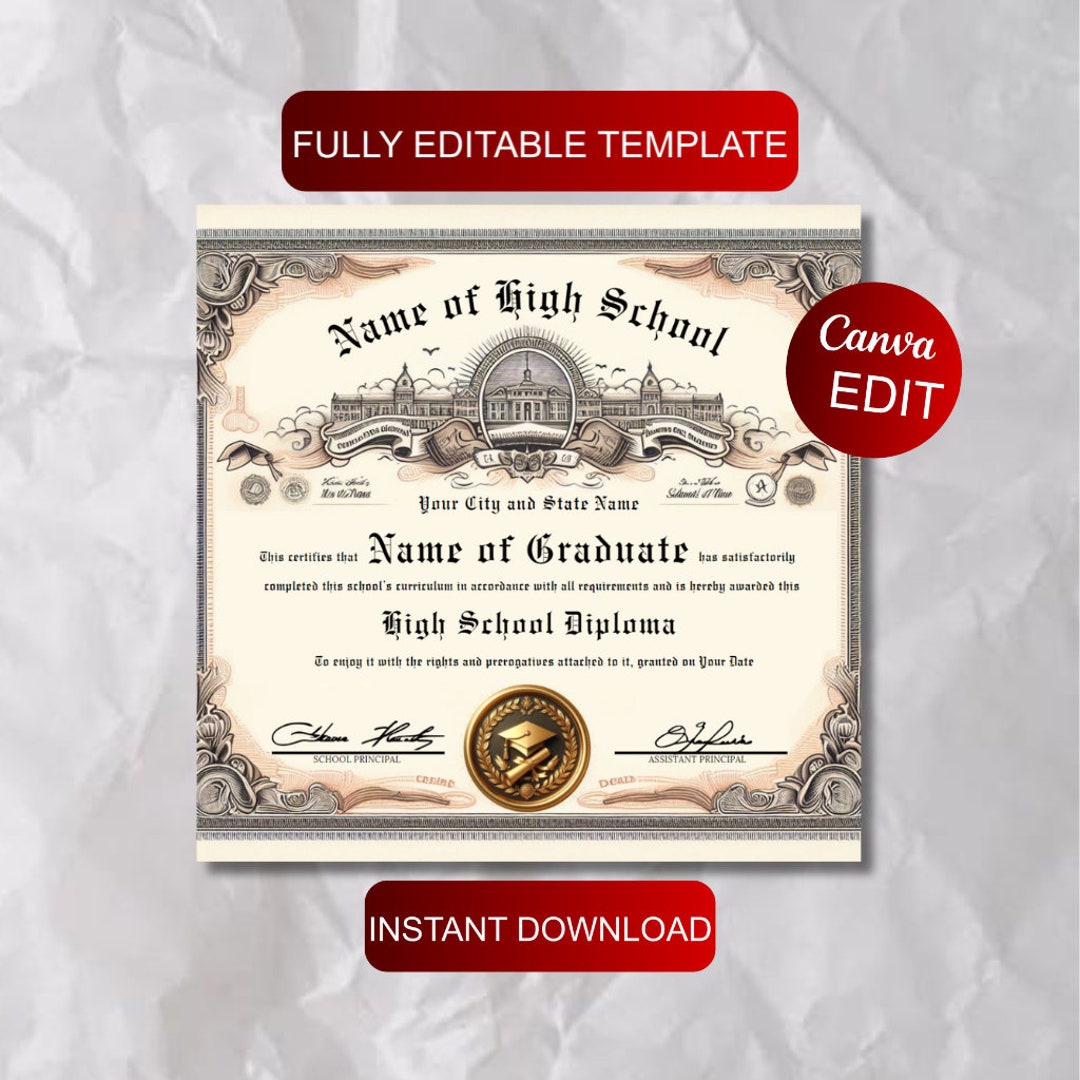 High School Diploma Template Canva Editable - Etsy