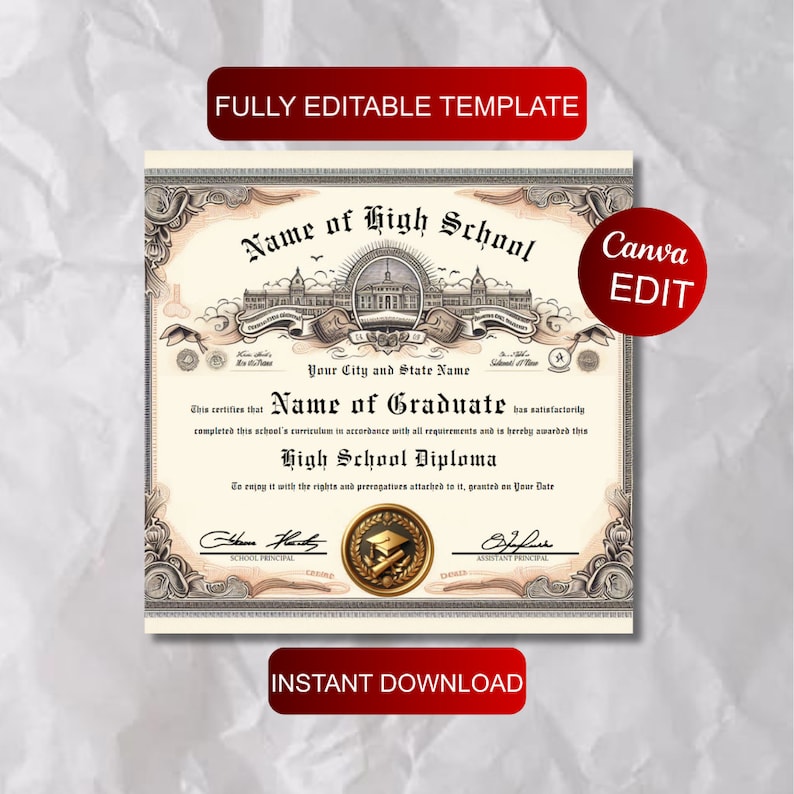 High School Diploma Template Canva Editable - Etsy