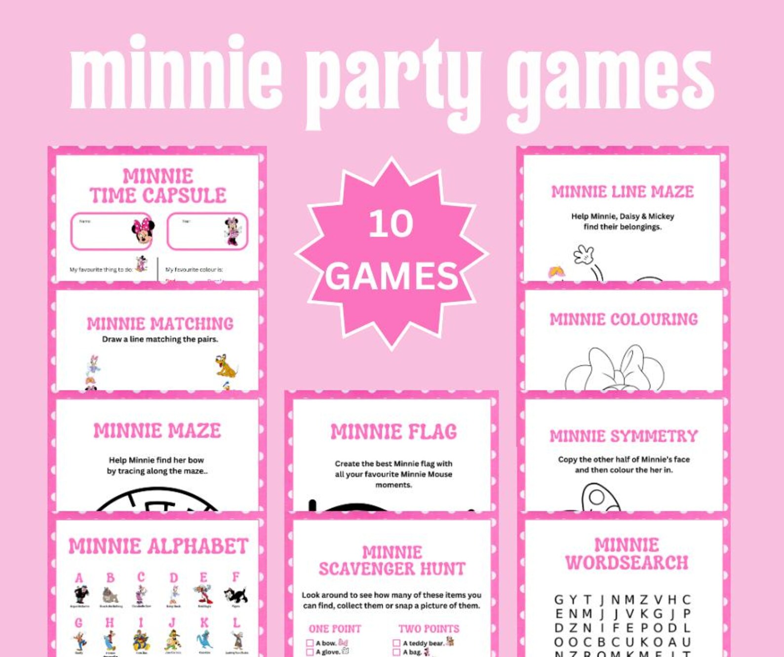 Kids Minnie Game Pack, Printable Party Games, Minnie Party, Party Pack ...