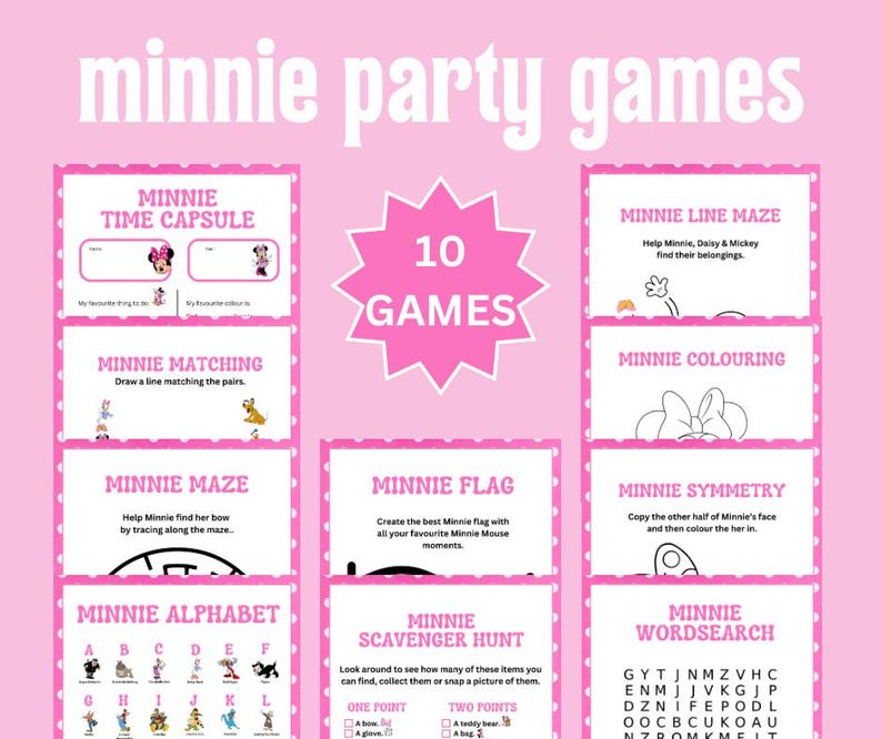 Kids Minnie Game Pack, Printable Party Games, Minnie Party, Party Pack ...
