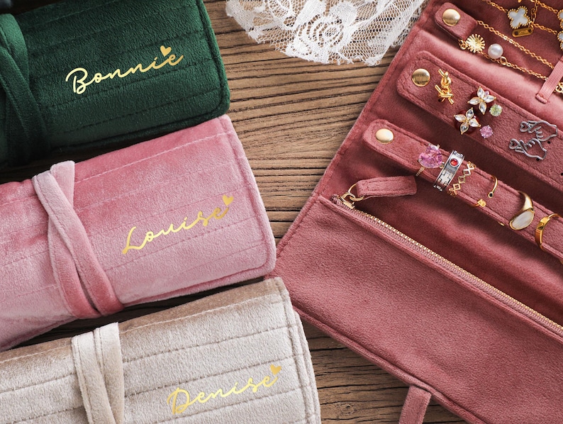Personalized Velvet Jewelry Roll, Travel Jewelry Roll, Bridesmaid Gift ...