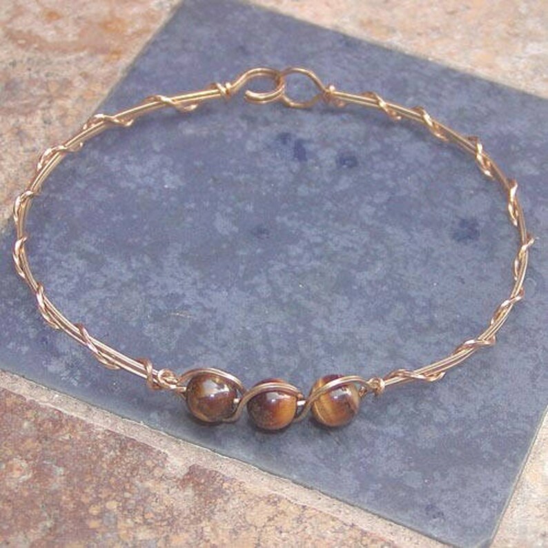 Wirewrapped Bracelet - Wire Bangle - Lovely 3-bead Genuine Tiger Eye ...