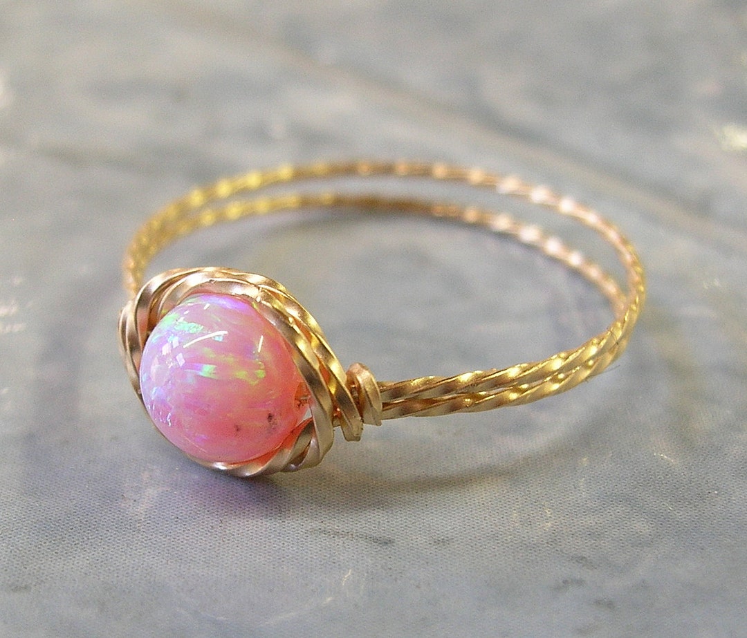 Pink Opal Ring Synthetic Opal Bead Lab-created Pink Fire - Etsy