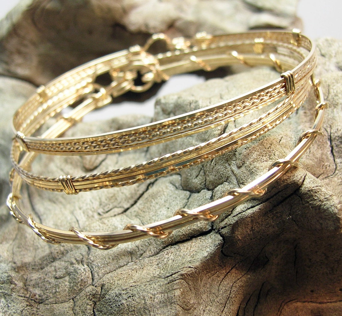 Gold Wire Bracelet Set Stackable Bracelet Set Wirewrapped | Etsy