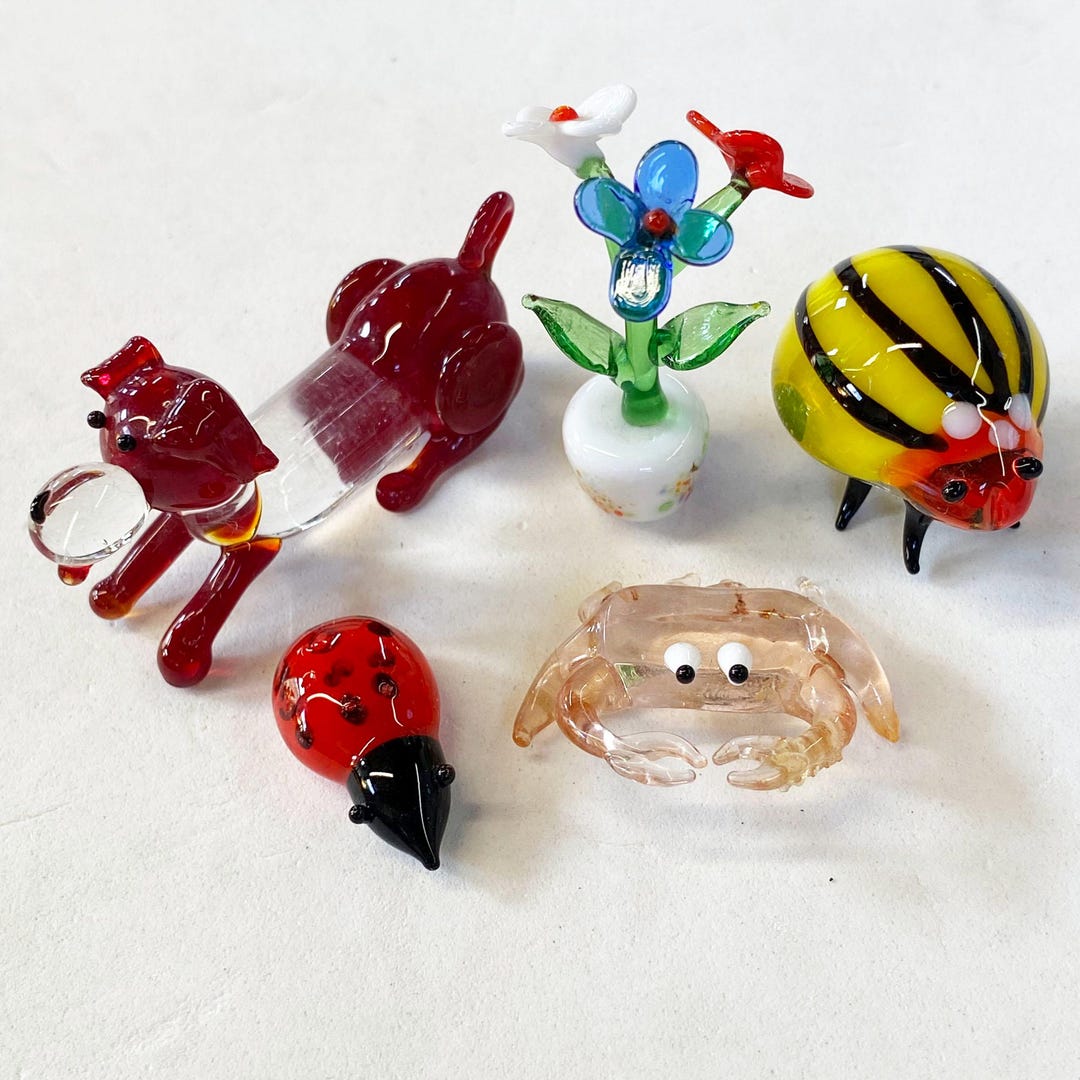 Set of 5 Vintage Glass Figurines - Glass Animals - Crab, Ladybug, Dog ...