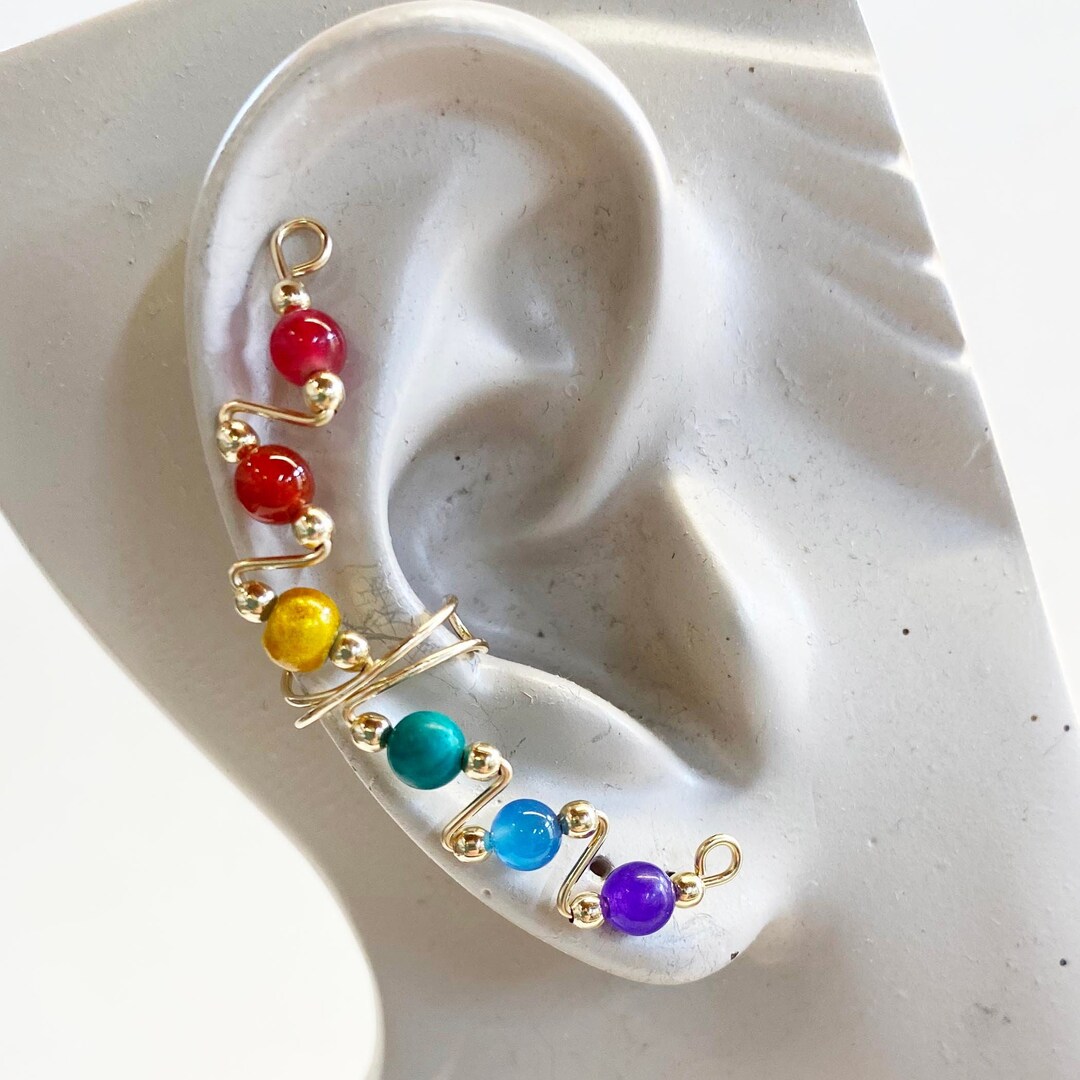 Rainbow Ear Cuff - Ear Wrap - Flirty Long Cuff Rainbow of Beads - Fancy ...