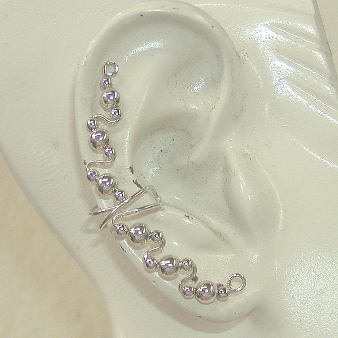 Ear Cuff - Long Silver Wire Smooth Silver Beads Cuff - Dramatic Ear ...