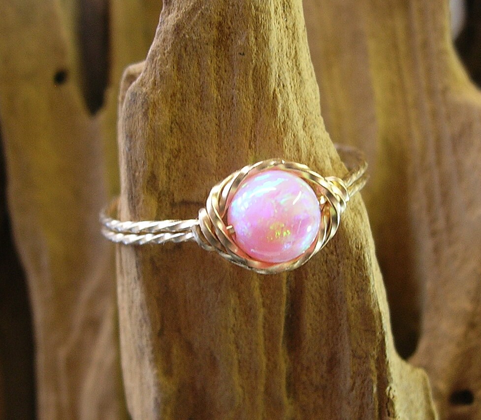 Pink Opal Ring Synthetic Opal Bead Lab-created Pink Fire - Etsy