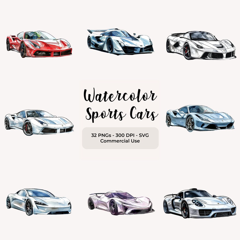 Watercolor Sports Cars Clipart Bundle, Cute Sports Cars Clip Art ...