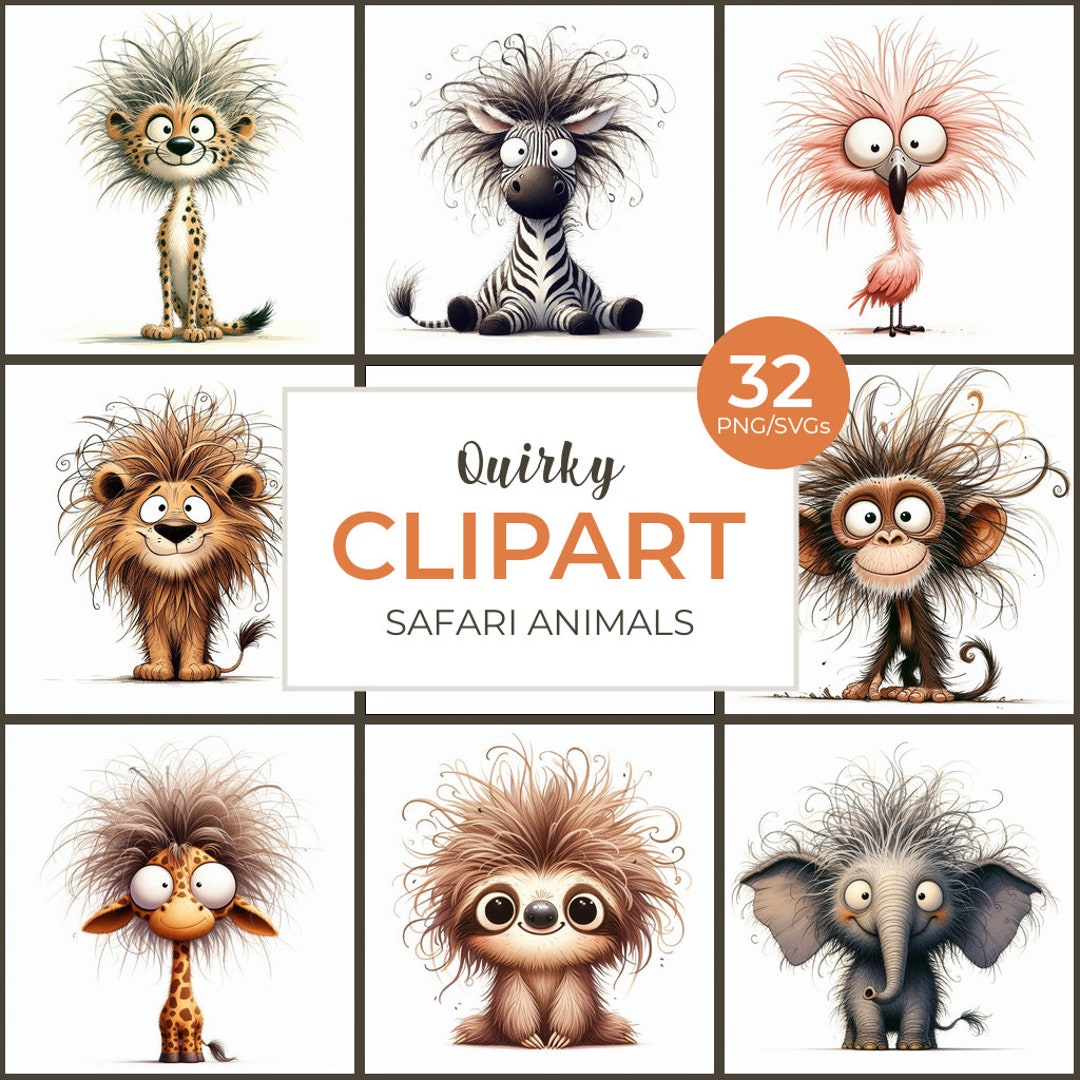 32 Quirky Safari Animals JPG Clipart Bundle, Commercial Use, Digital ...