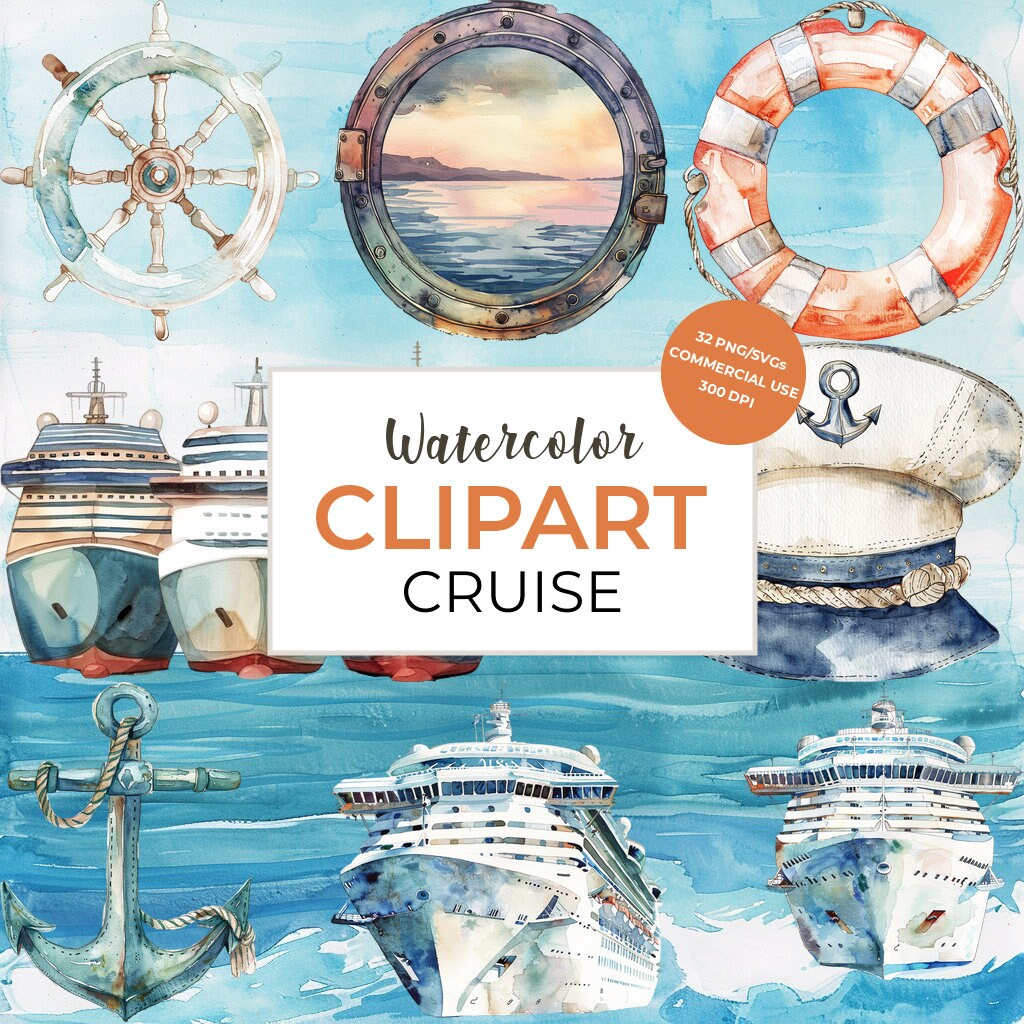 Watercolor Cruise Clipart Bundle, Cute Cruise Clip Art, Cruise PNG, SVG ...