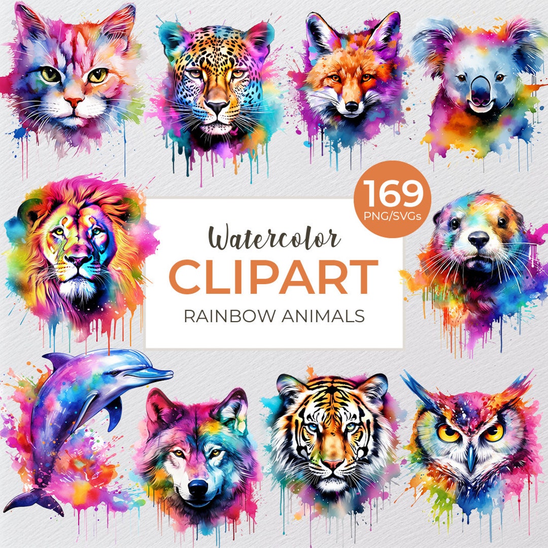Watercolor Rainbow Animals Clipart Bundle, Cute Rainbow Animals Clip ...