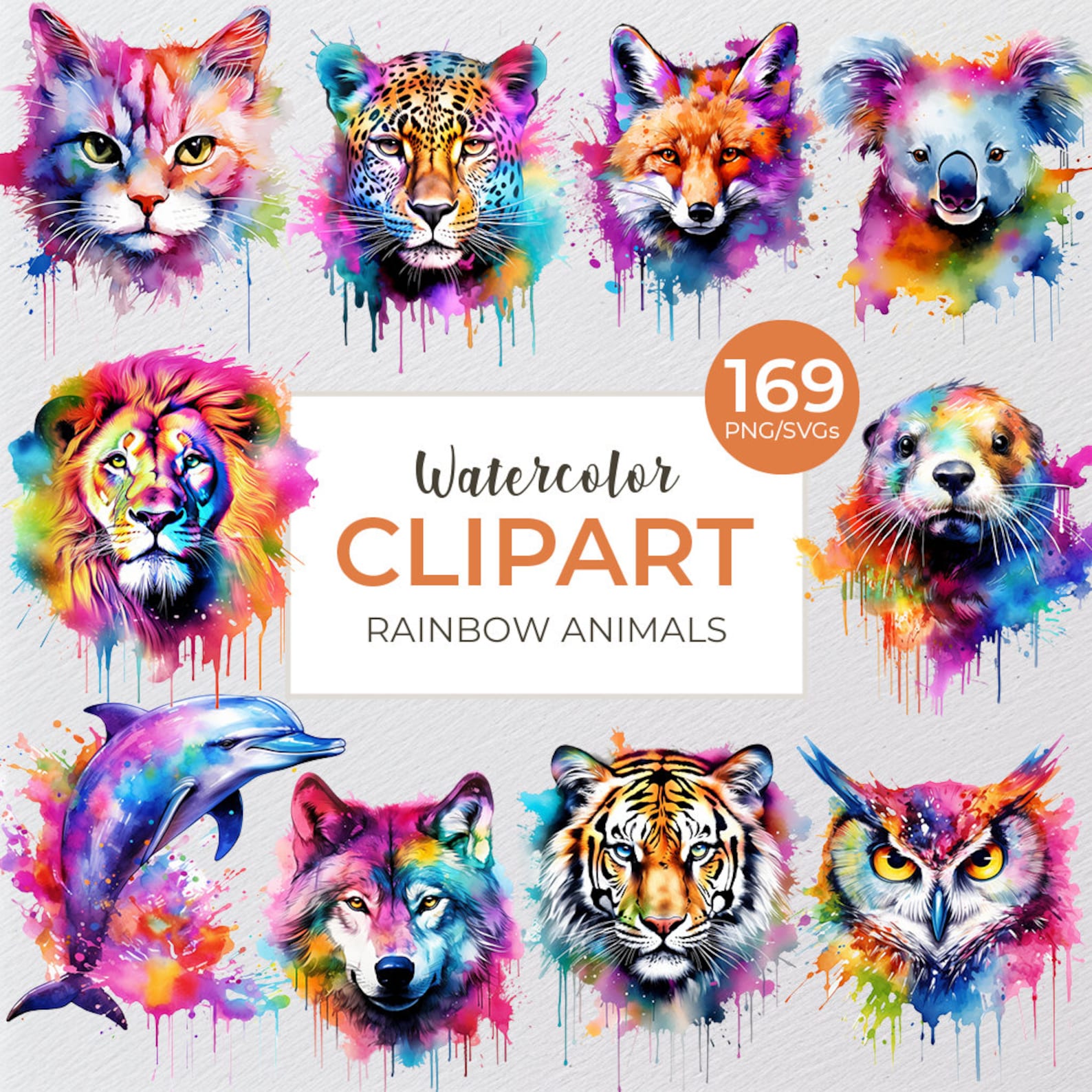 Watercolor Rainbow Animals Clipart Bundle, Cute Rainbow Animals Clip ...